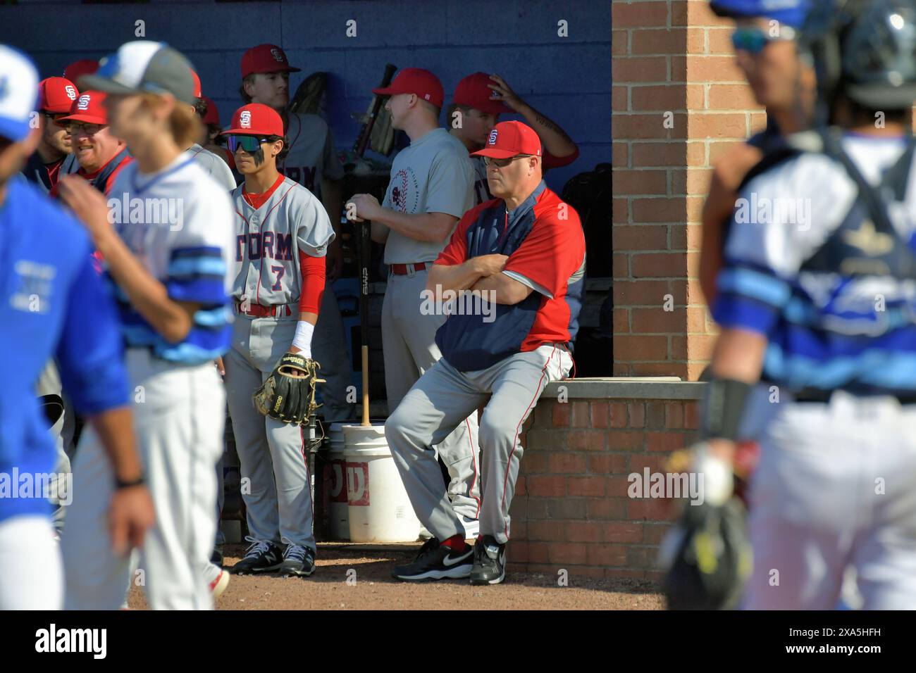 Illinois, USA. A head baseball coach concentrates on the pre-game ...