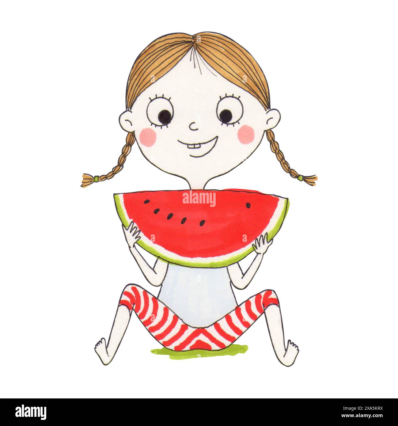 Funny cartoon girl with two pigtails siting on grass, looking at large ...