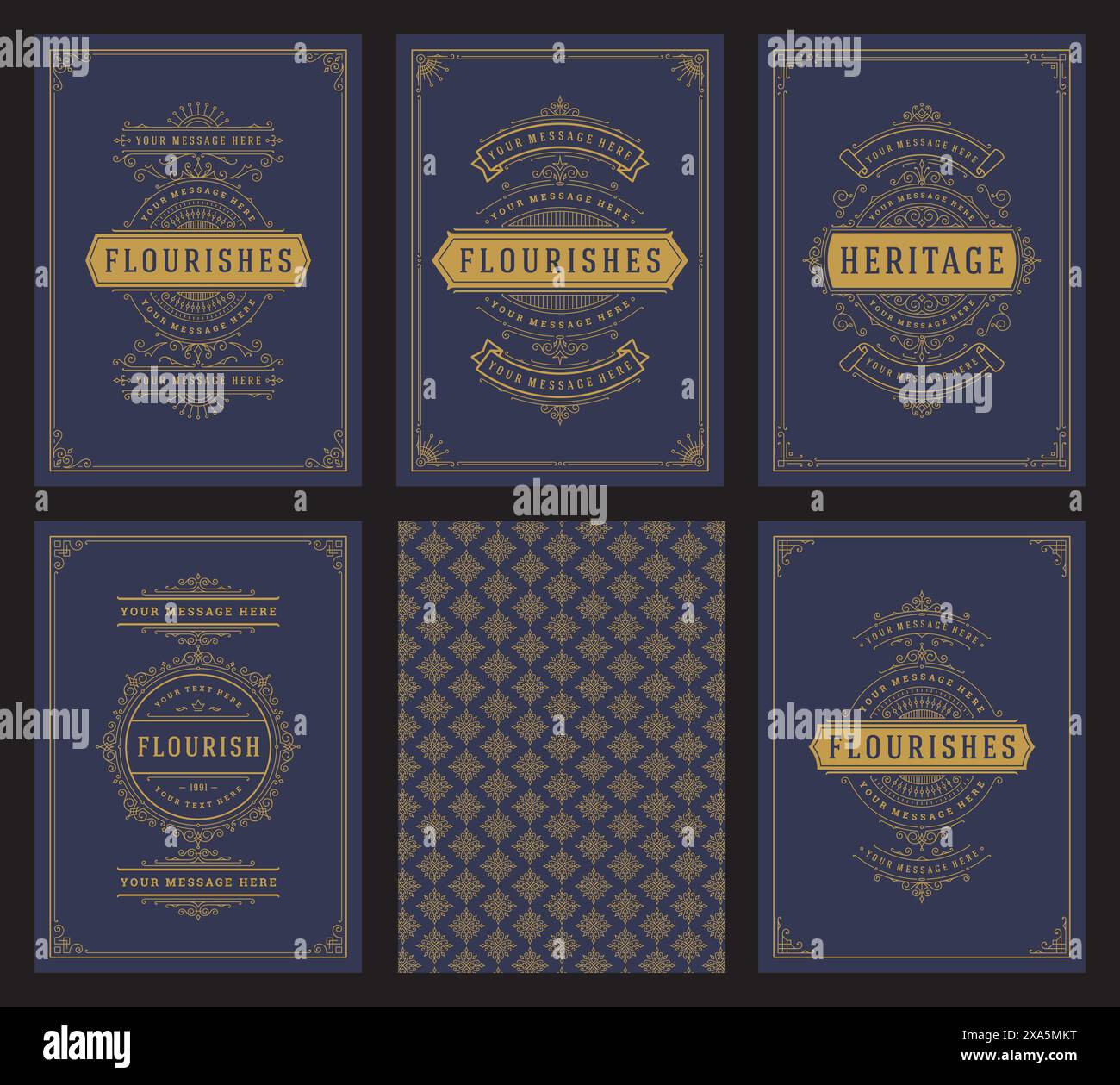 Vintage ornament greeting cards set templates flourish ornate frames ...