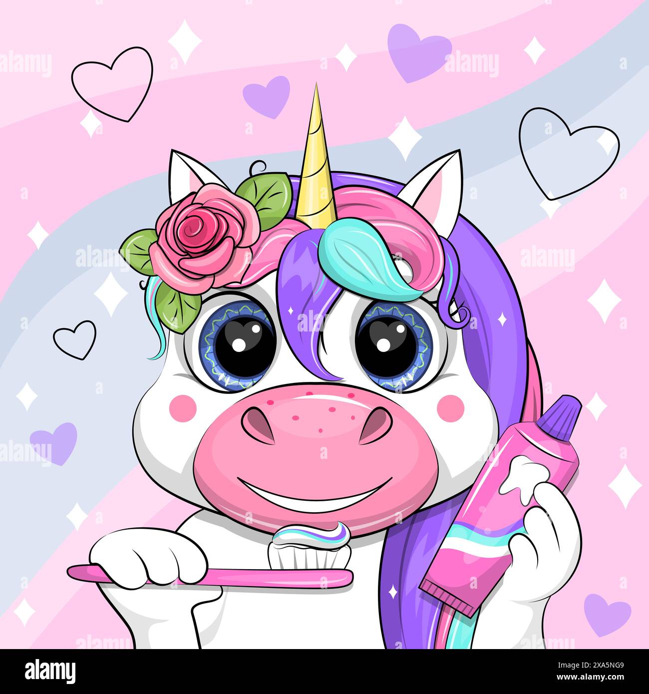 Cute cartoon unicorn with toothpaste and toothbrush. Vector ...