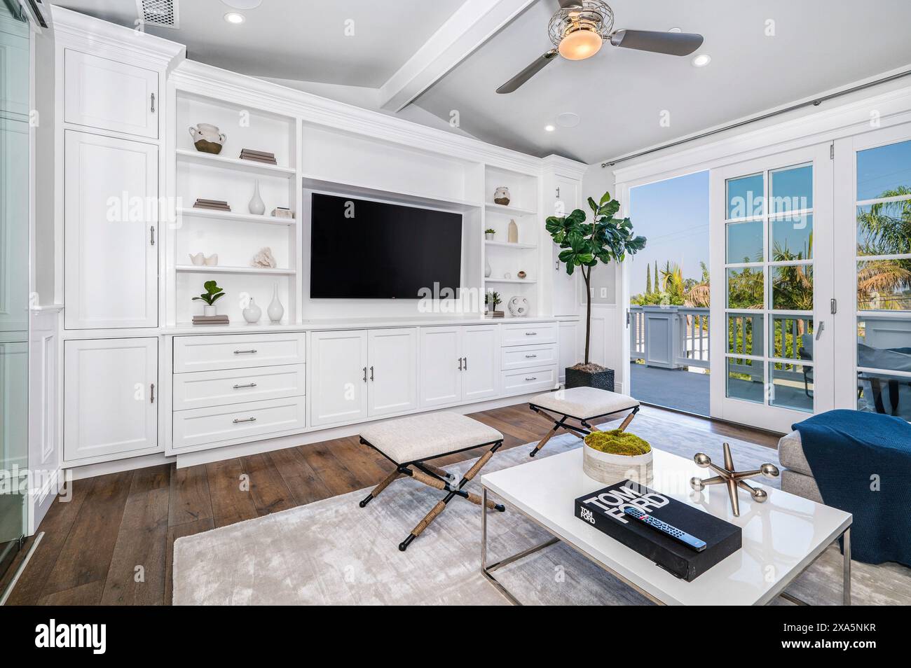 Room with expansive windows, TV, and blue chair Stock Photo - Alamy