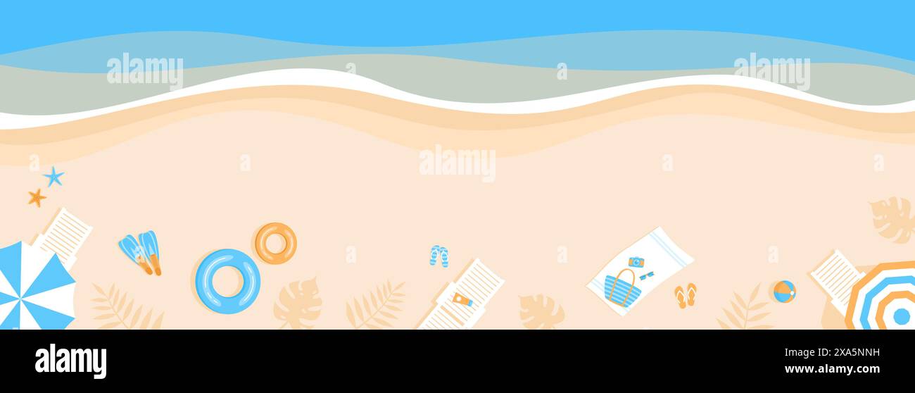 Summer banner. Coastline and beach with umbrellas, sunbeds, and summer items, top view. Flat ...