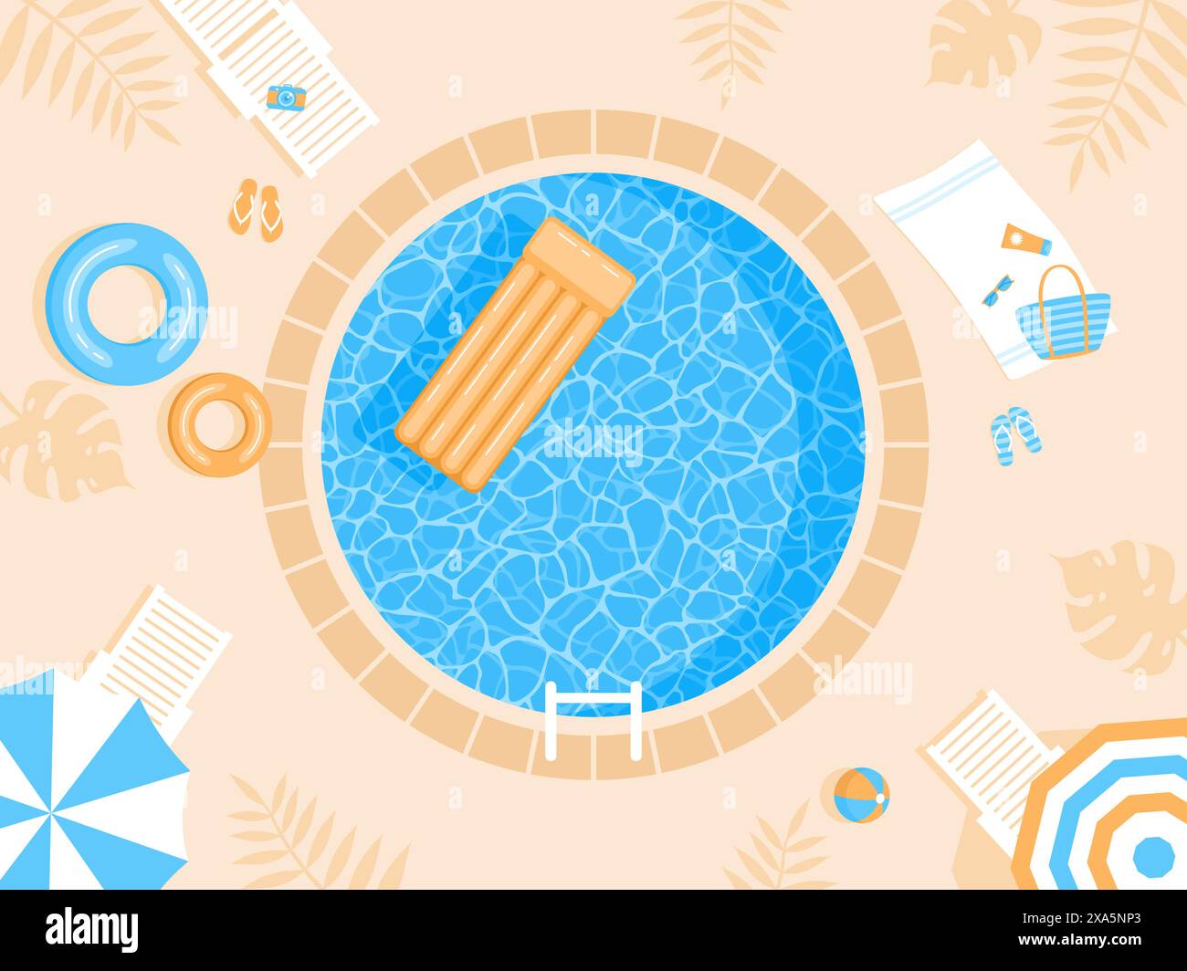 Round swimming pool with sunbeds, beach umbrellas and beach items ...
