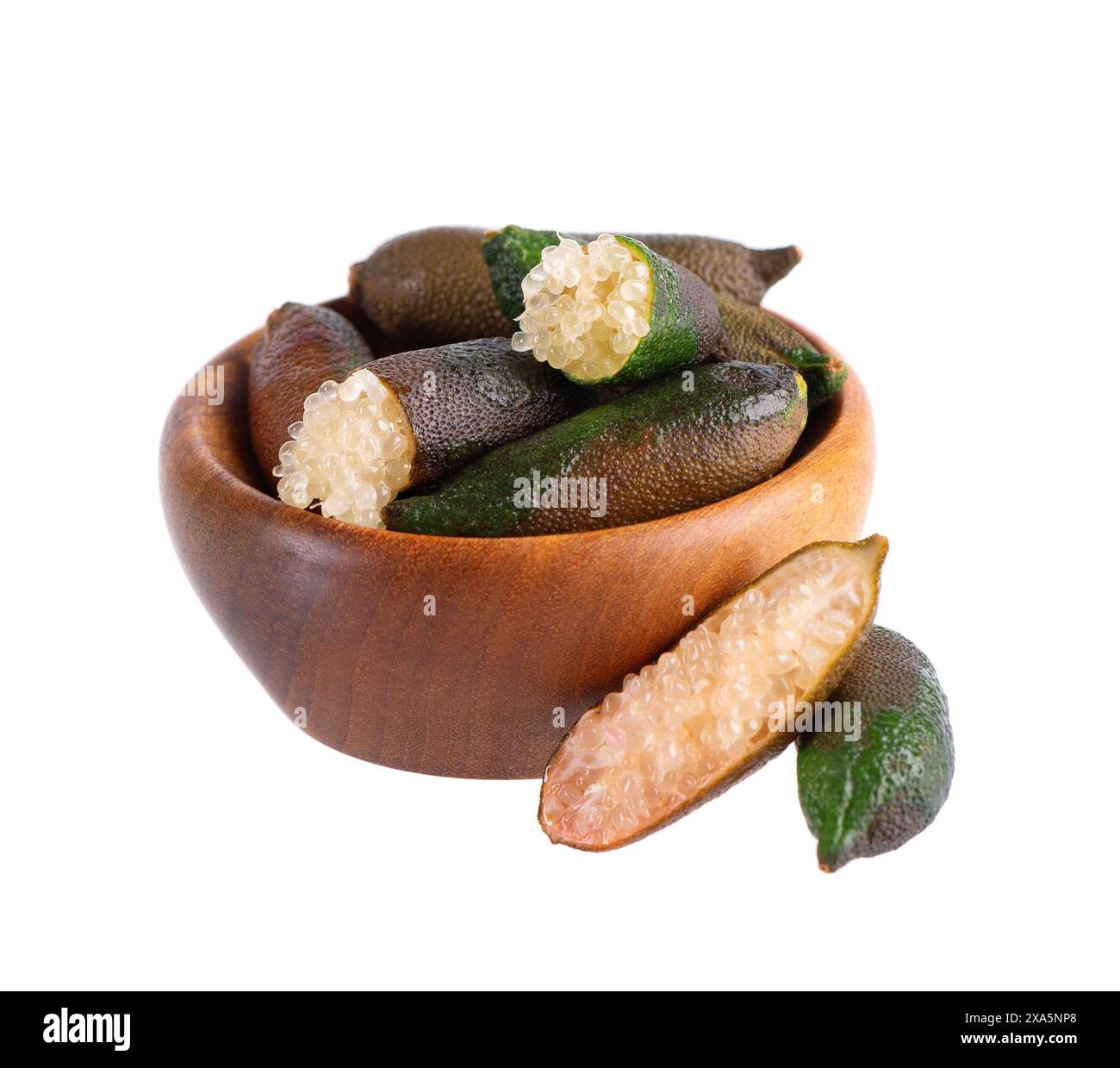 Fresh finger limes in wooden bowl isolated on white background. Caviar ...