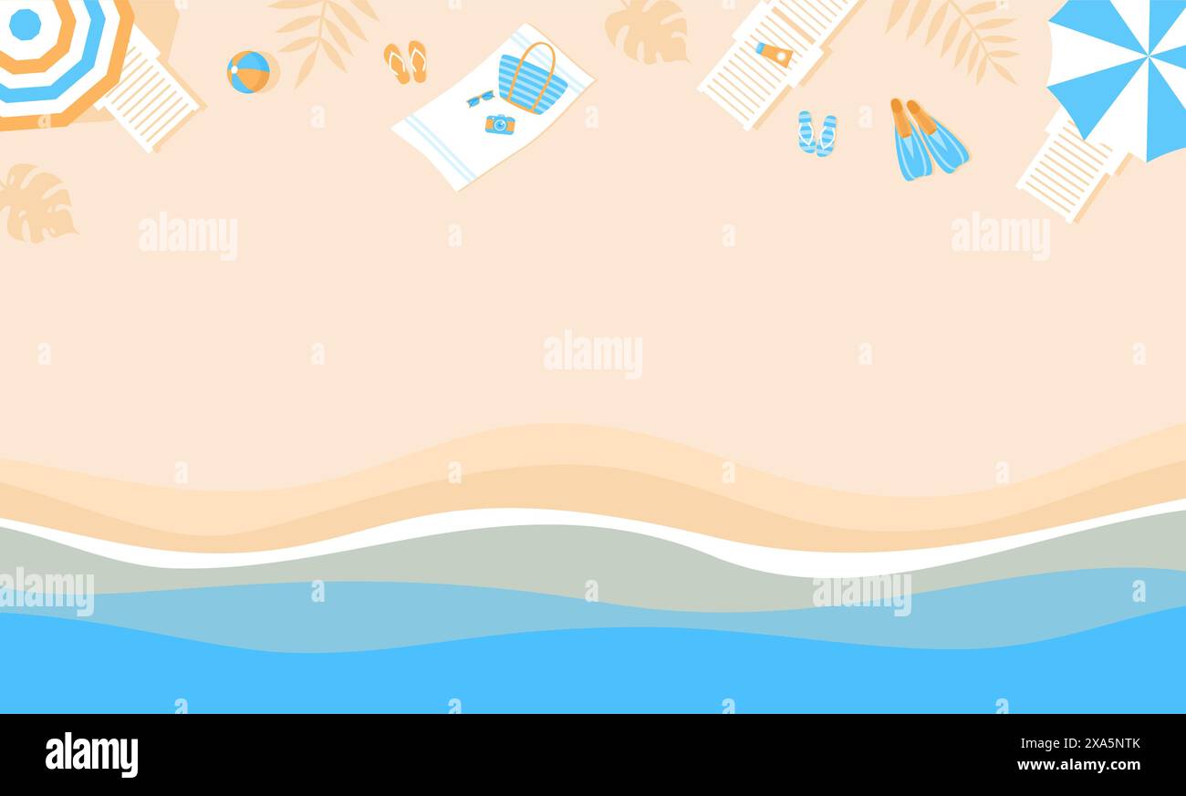 Coastline and beach with umbrellas, sunbeds, and summer items, top view. Flat vector ...