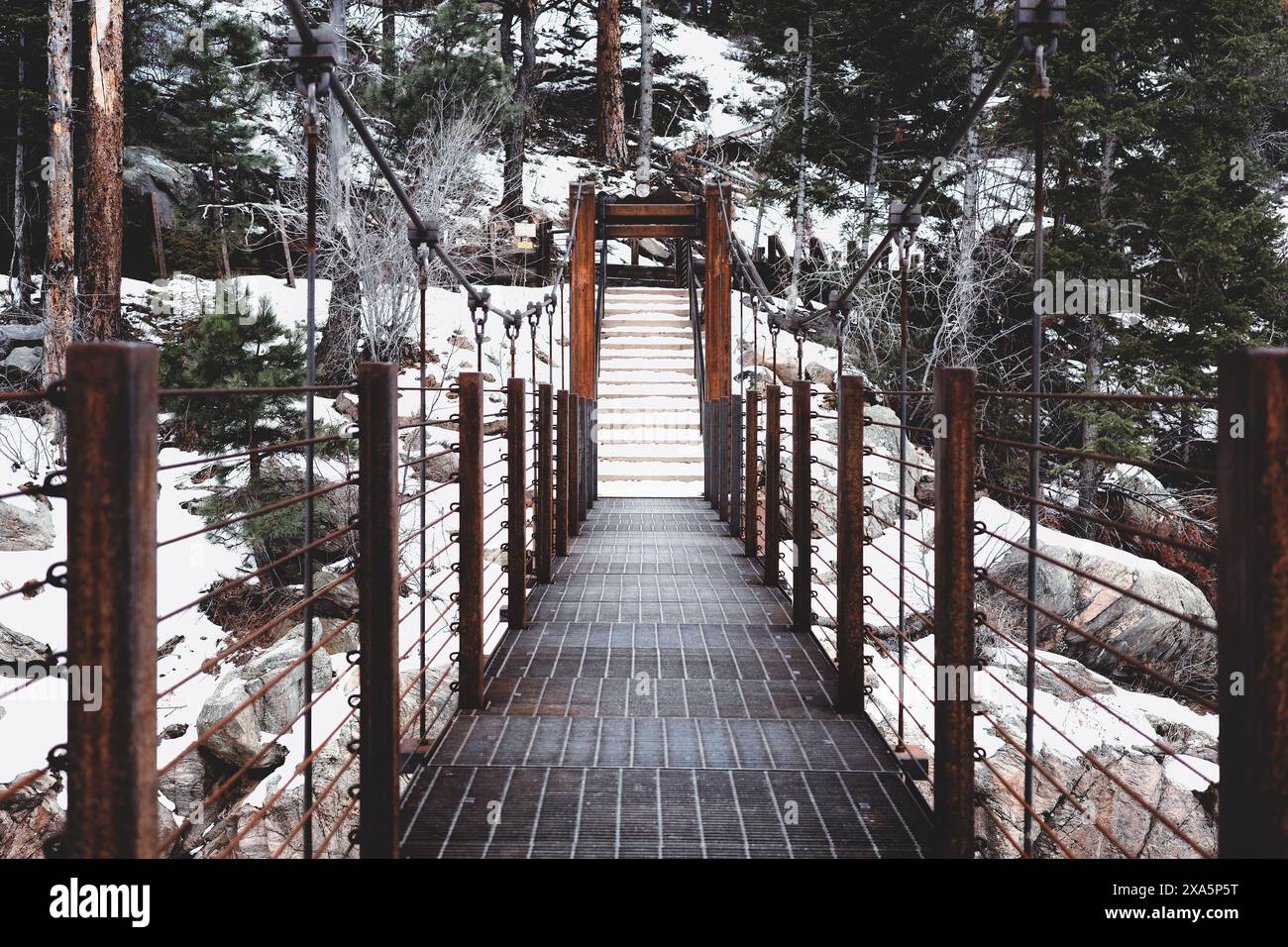 A snow-covered suspension bridge in a wintry forest scene Stock Photo ...