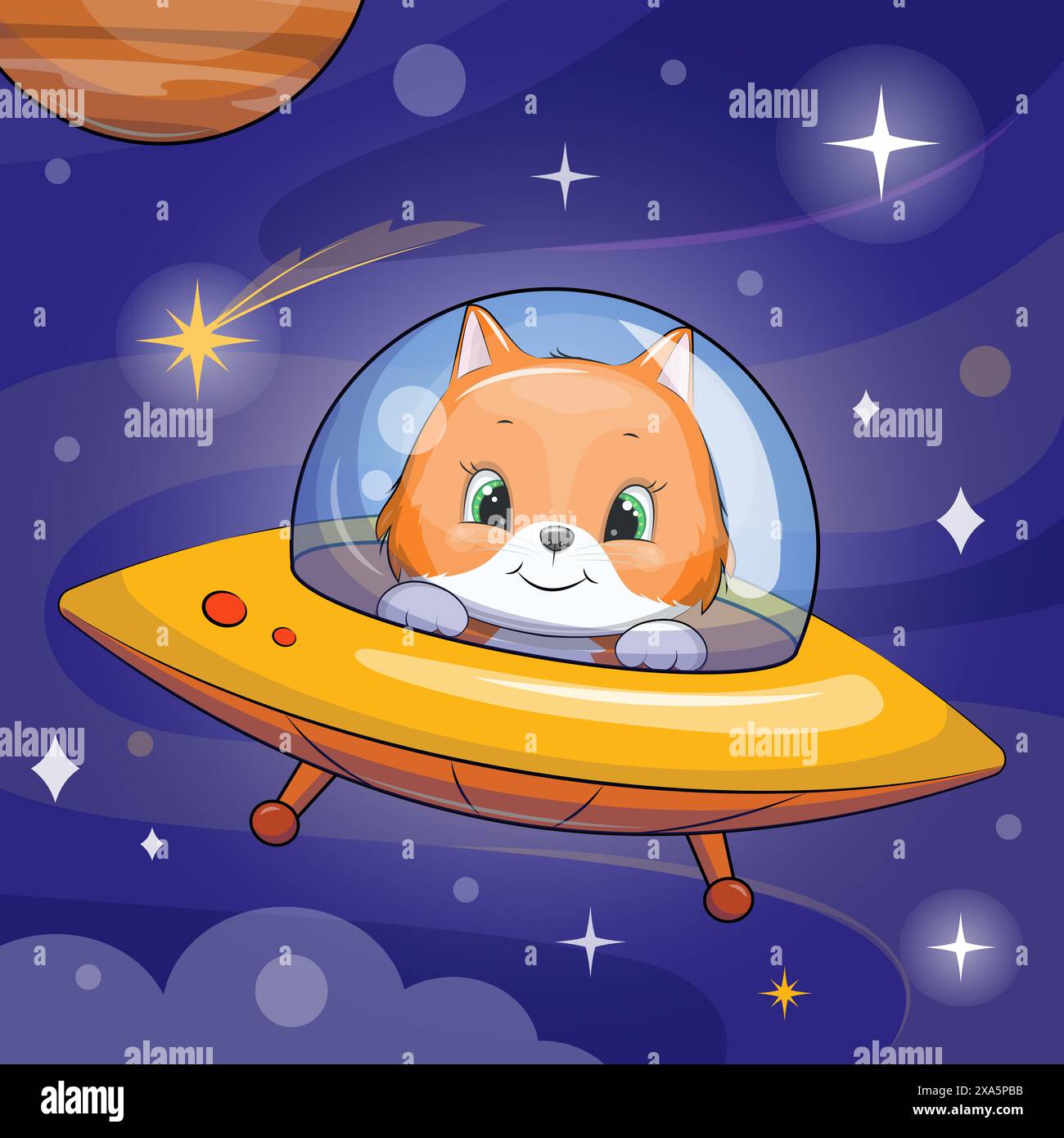 Cute cartoon fox in a spaceship. Vector illustration of an animal in ...