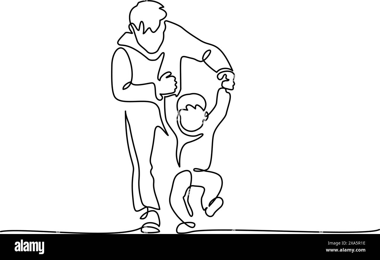 Father teaches his son to walk first step. Continuous one line drawing ...