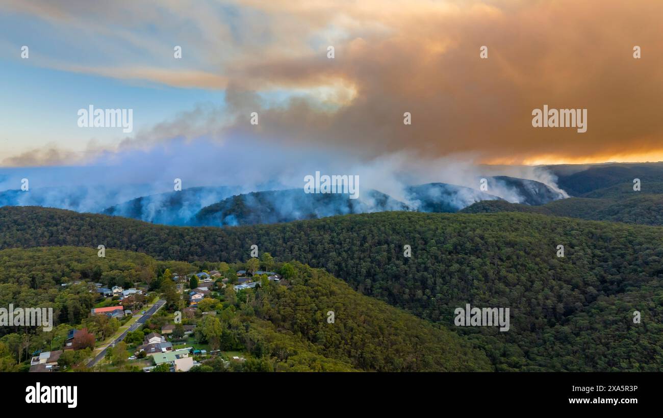 Drone aerial photograph of controlled bush fire hazard reduction ...