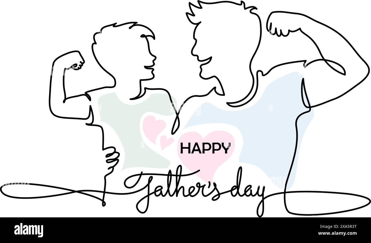 Happy Fathers Day holiday card. Strong dad and son show arms biceps ...