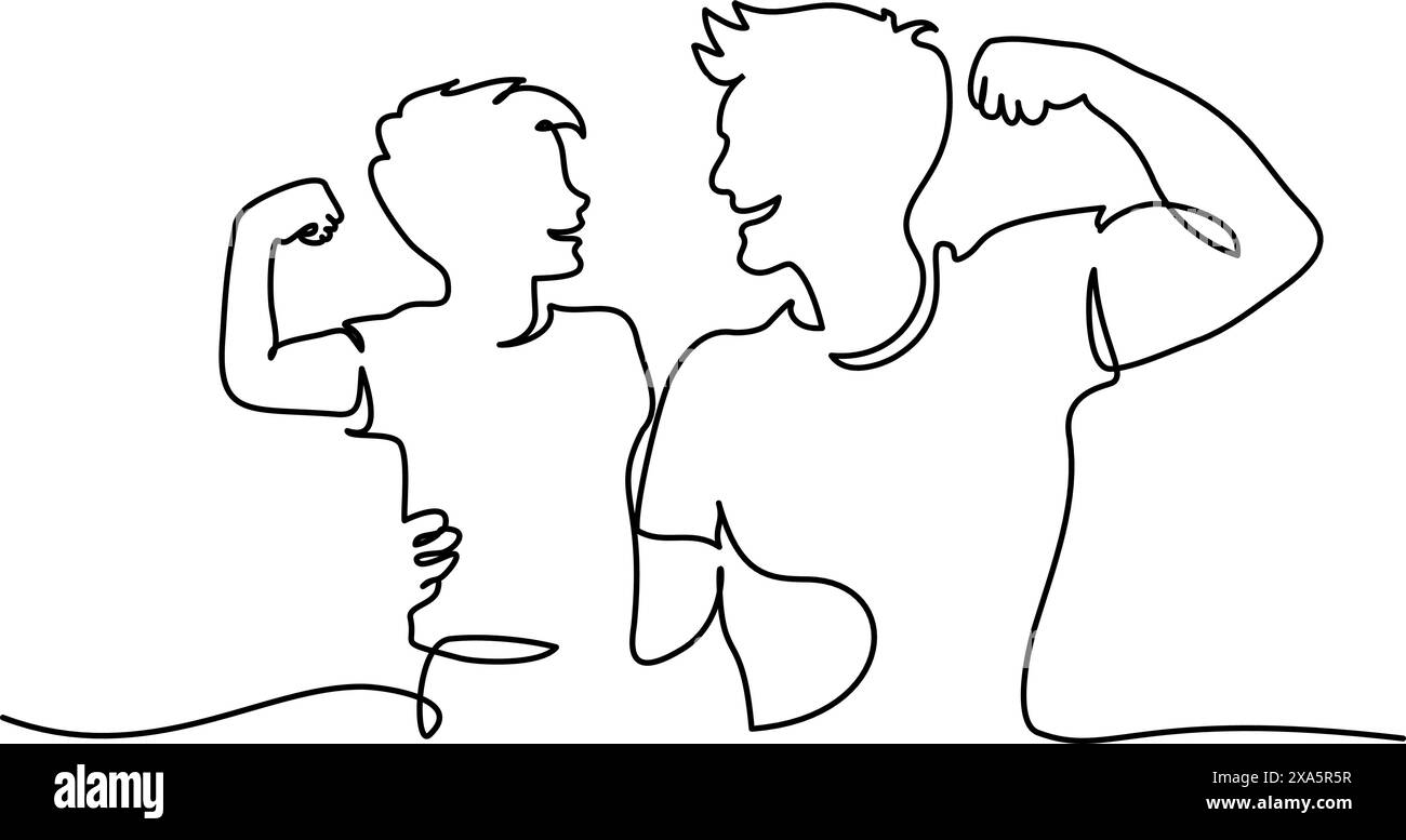 Happy Fathers Day holiday card. Strong dad and son show arms biceps ...