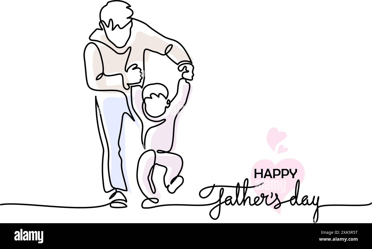 Father teaches his son to walk first step. Continuous one line drawing ...