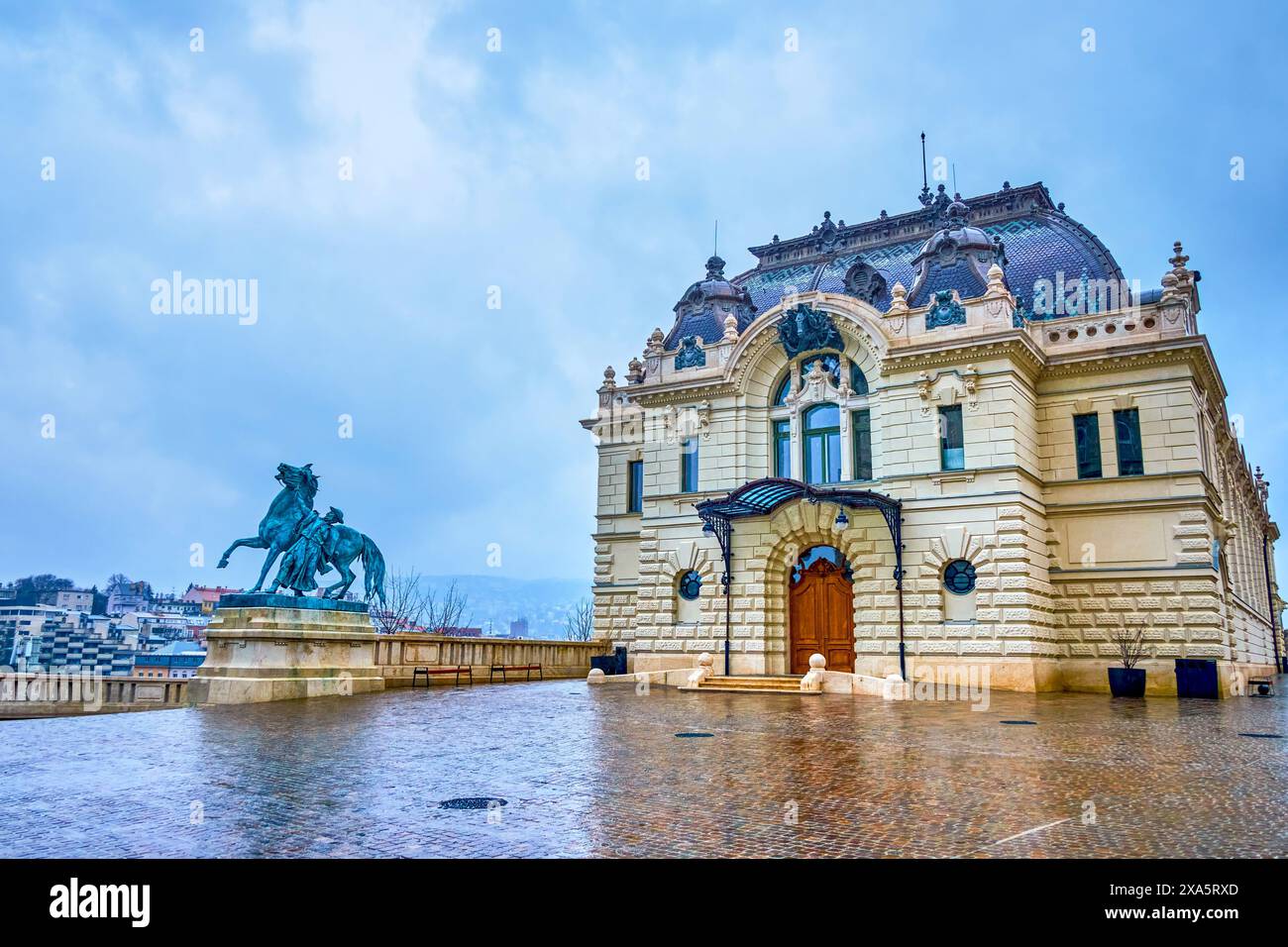 Royal Riding Hall on Foal Courtyard of Buda Castle with the statue to ...