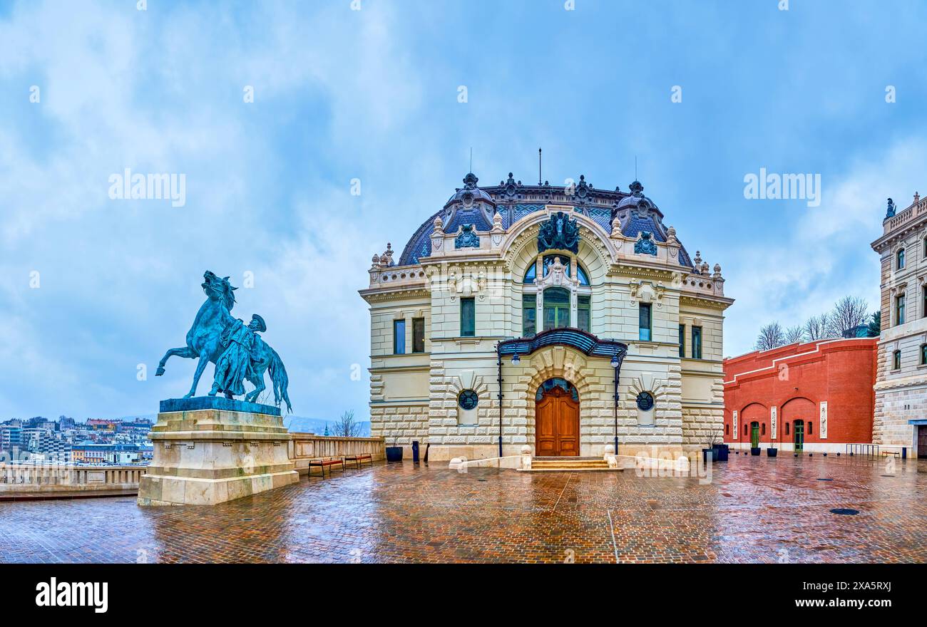 Royal Riding Hall on Foal Courtyard of Buda Castle with the statue to ...