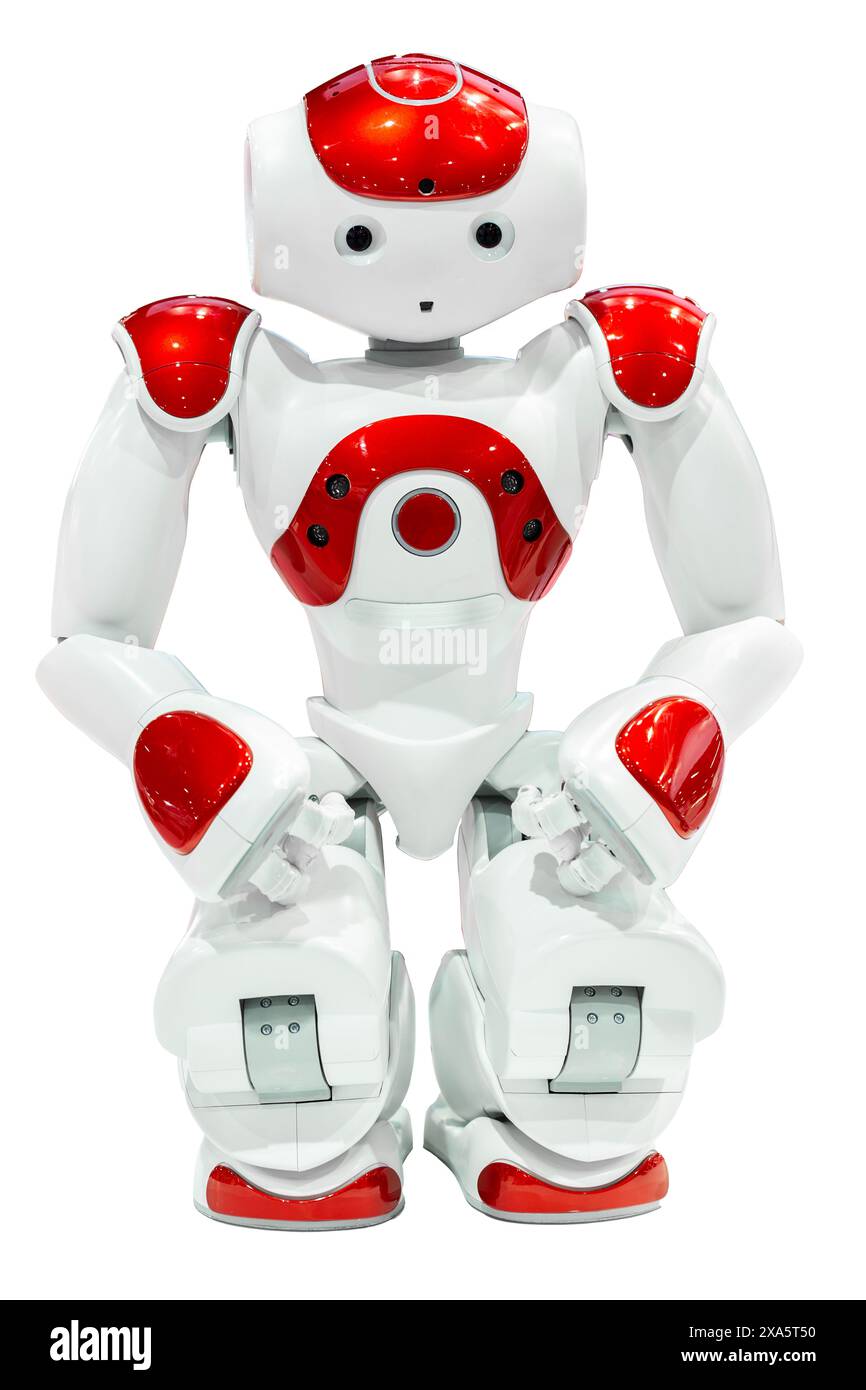 AI small red robot with human face and body isolated on white ...