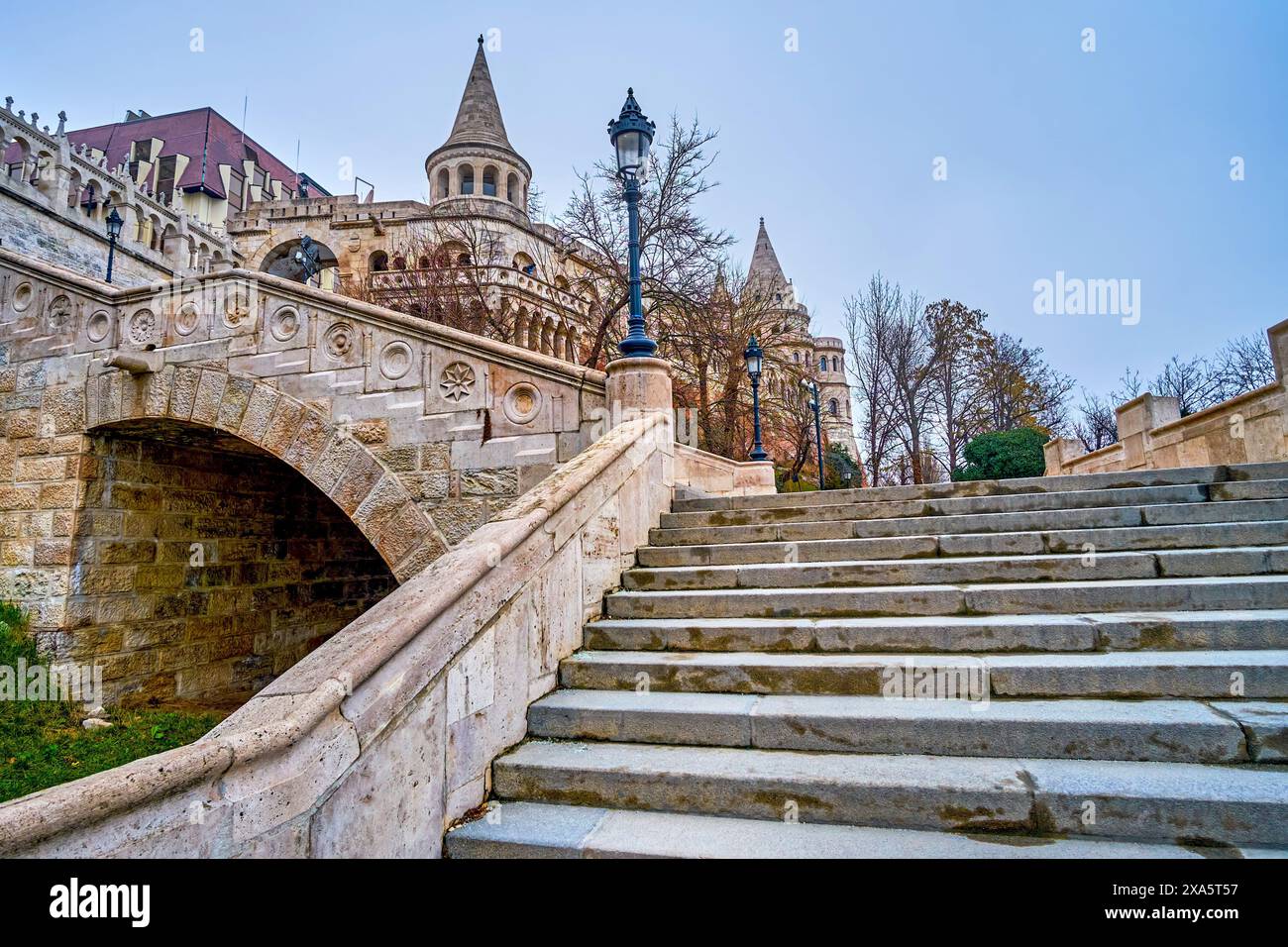 The staircase leading up to the intricately carved stone Fisherman's ...