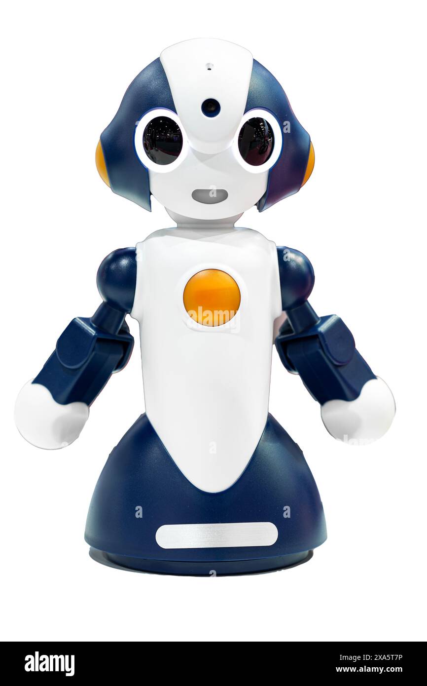 AI small blue robot with human face and body isolated on white ...