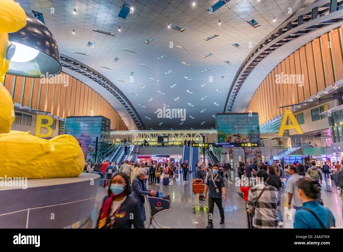 Doha, Qatar 31 January 23. Hamad International Airport, Lamp yellow ...