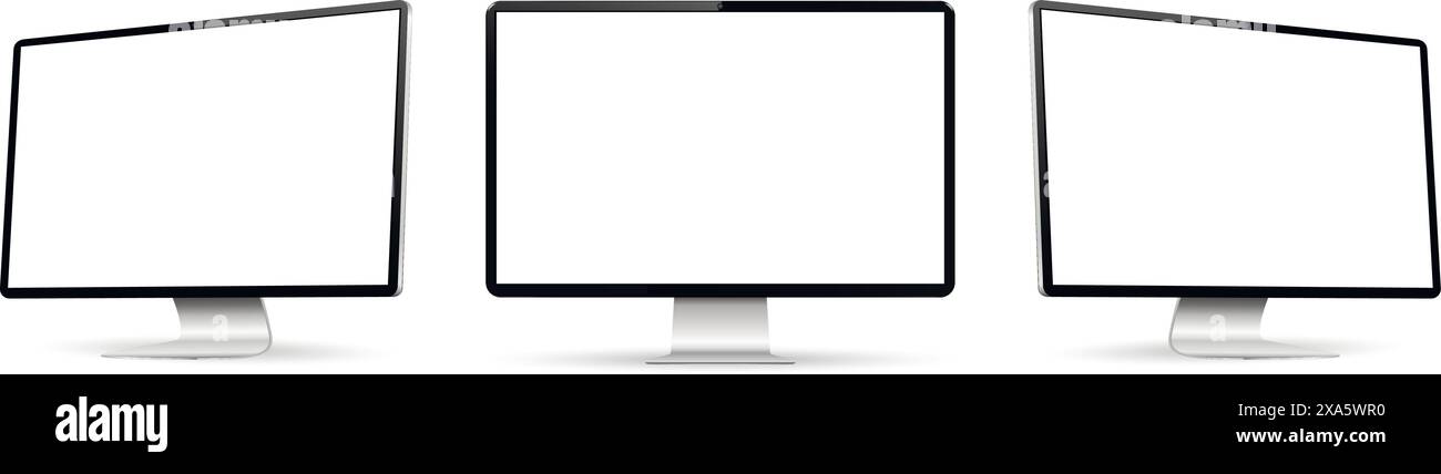 Three monitor with empty display, realistic set device screen mockup ...