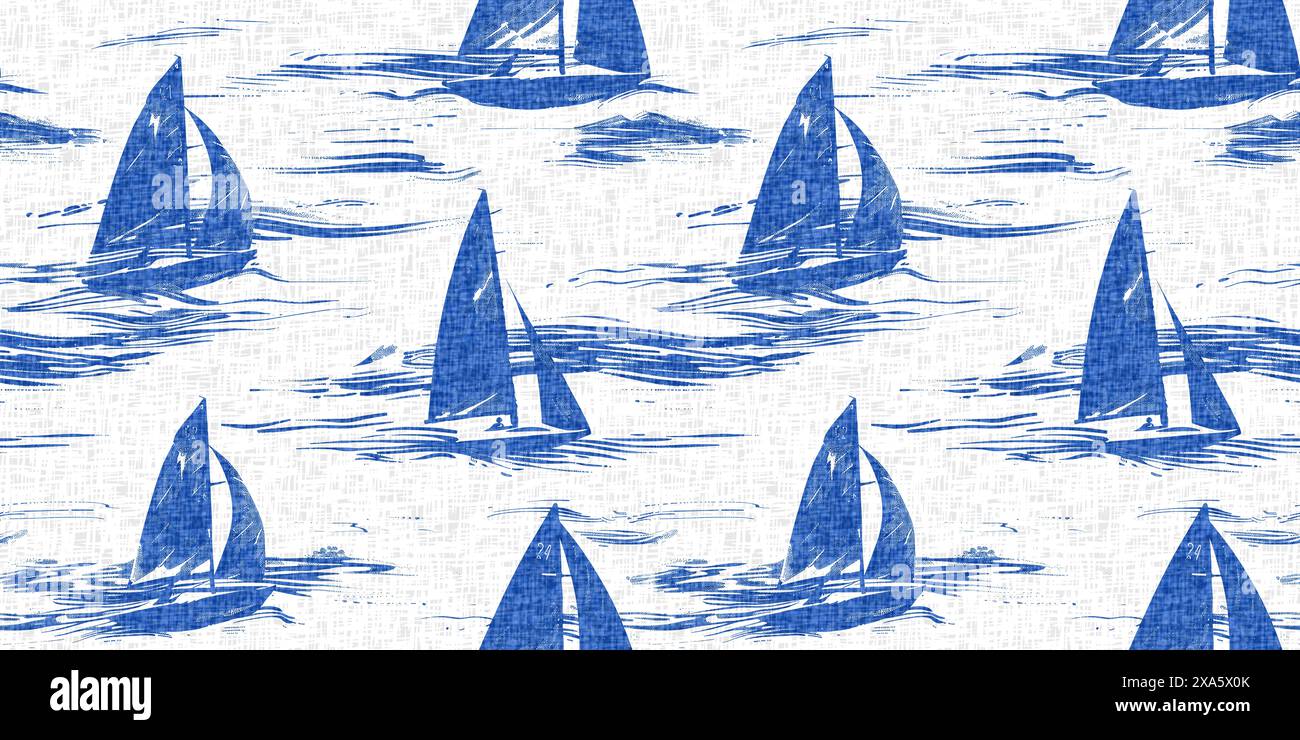 Coastal sail boat in azure ocean blue seamless border background ...
