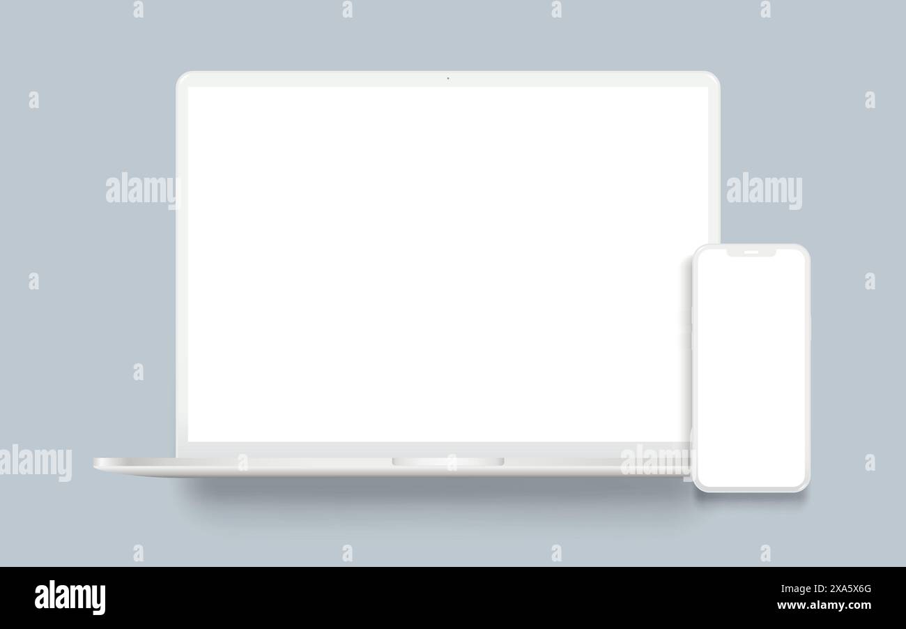 Laptop computer and mobile phone clay mockup isolated. Vector ...