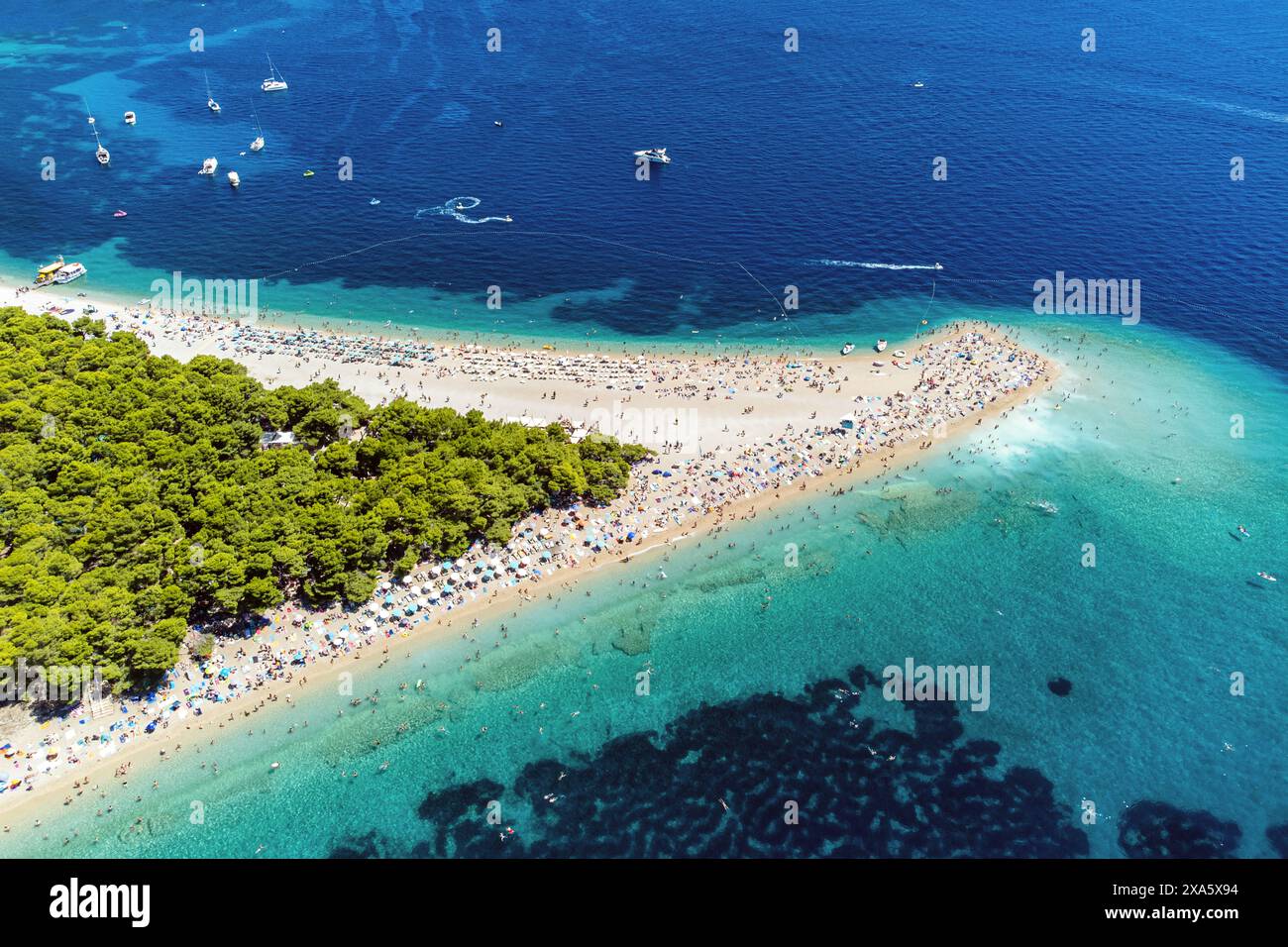 Aerial view of the breath taking Zlatni rat beach in Bol on Brac island ...