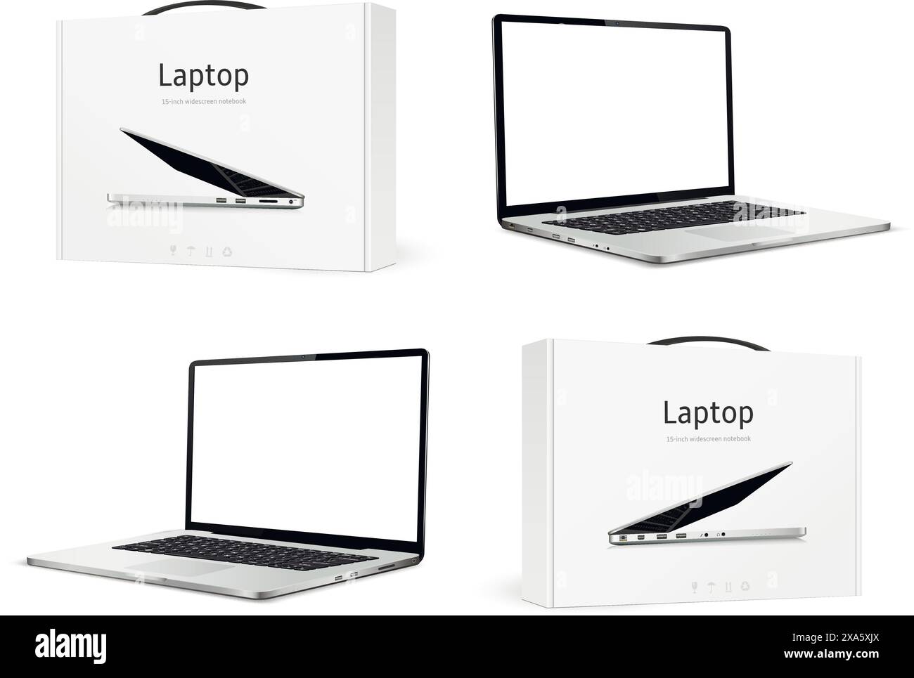 Laptop computers with cardboard boxes isolated on white background ...
