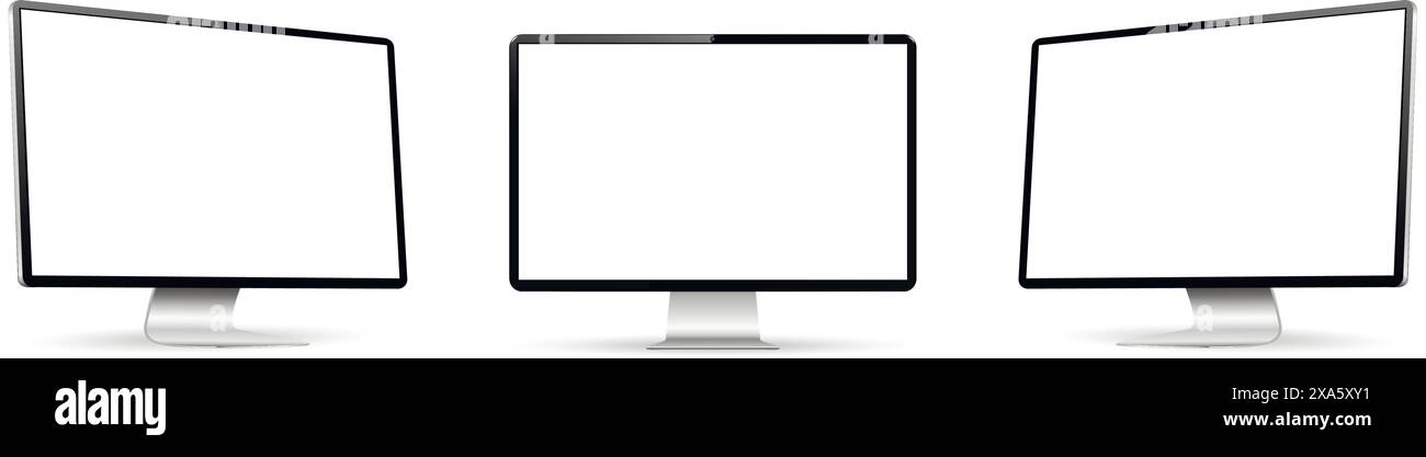 Realistic computer screen mockup. Computer display on three sides with blank screen. Vector ...