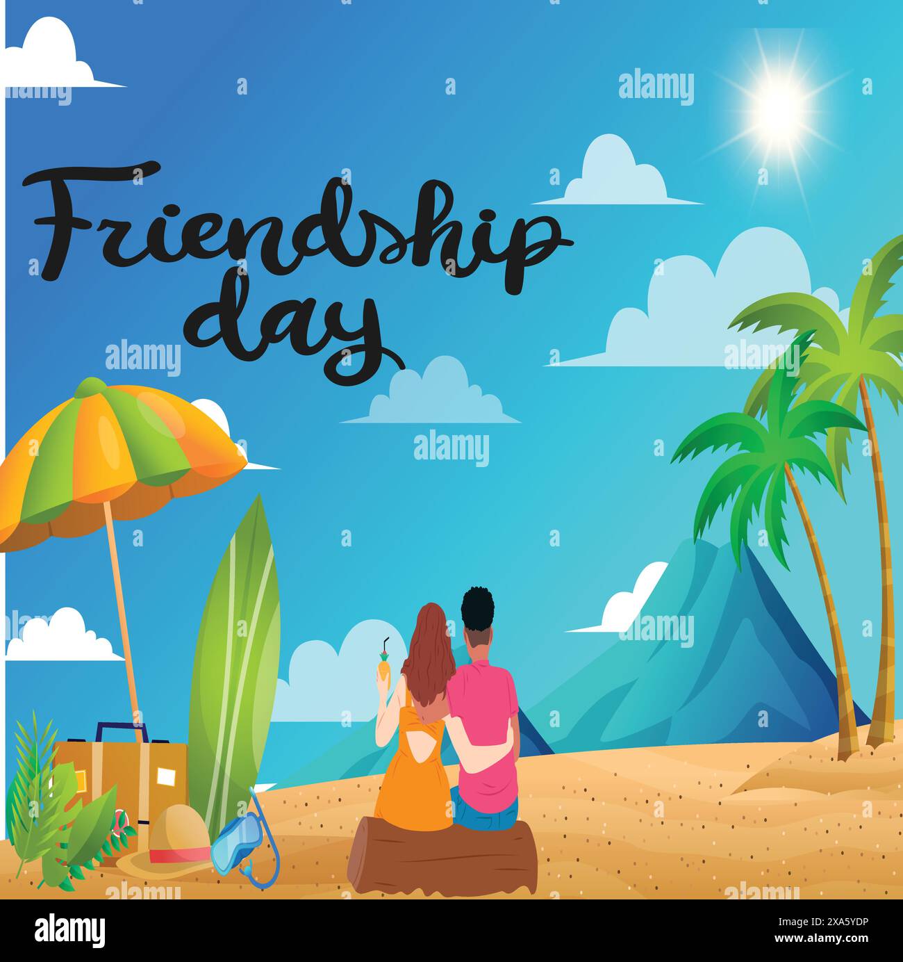 Happy international friendship day greeting card, back view of couple ...