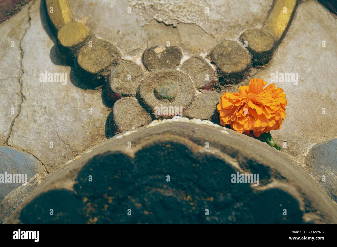 A vibrant orange marigold flower placed on a stupa as a sacred Buddhist ...