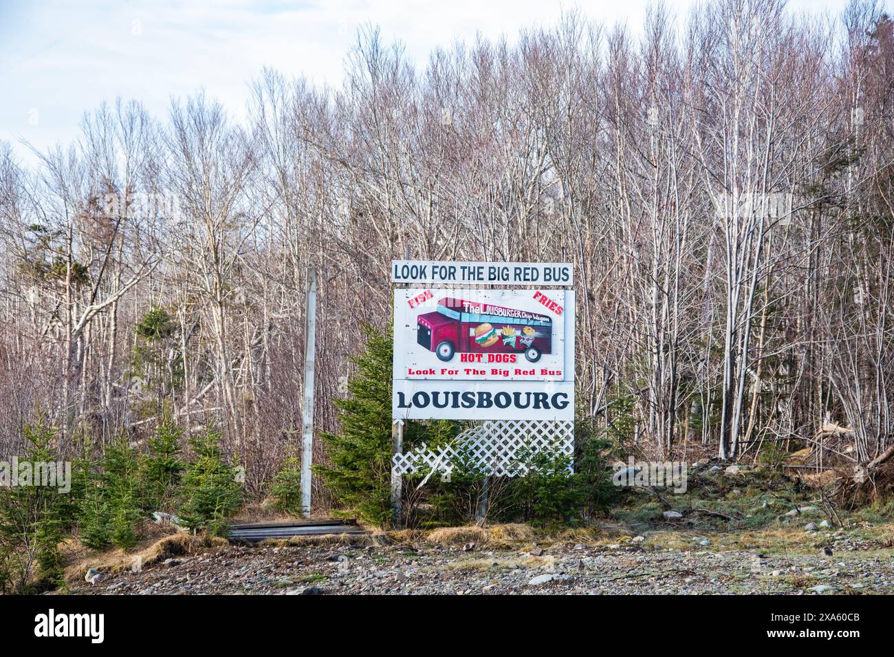 Big red bus sign in Louisbourg, Nova Scotia, Canada Stock Photo - Alamy