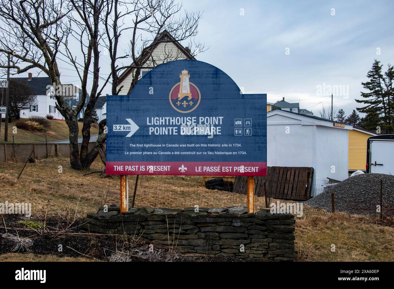 Lighthouse point sign in Louisbourg, Nova Scotia, Canada Stock Photo ...