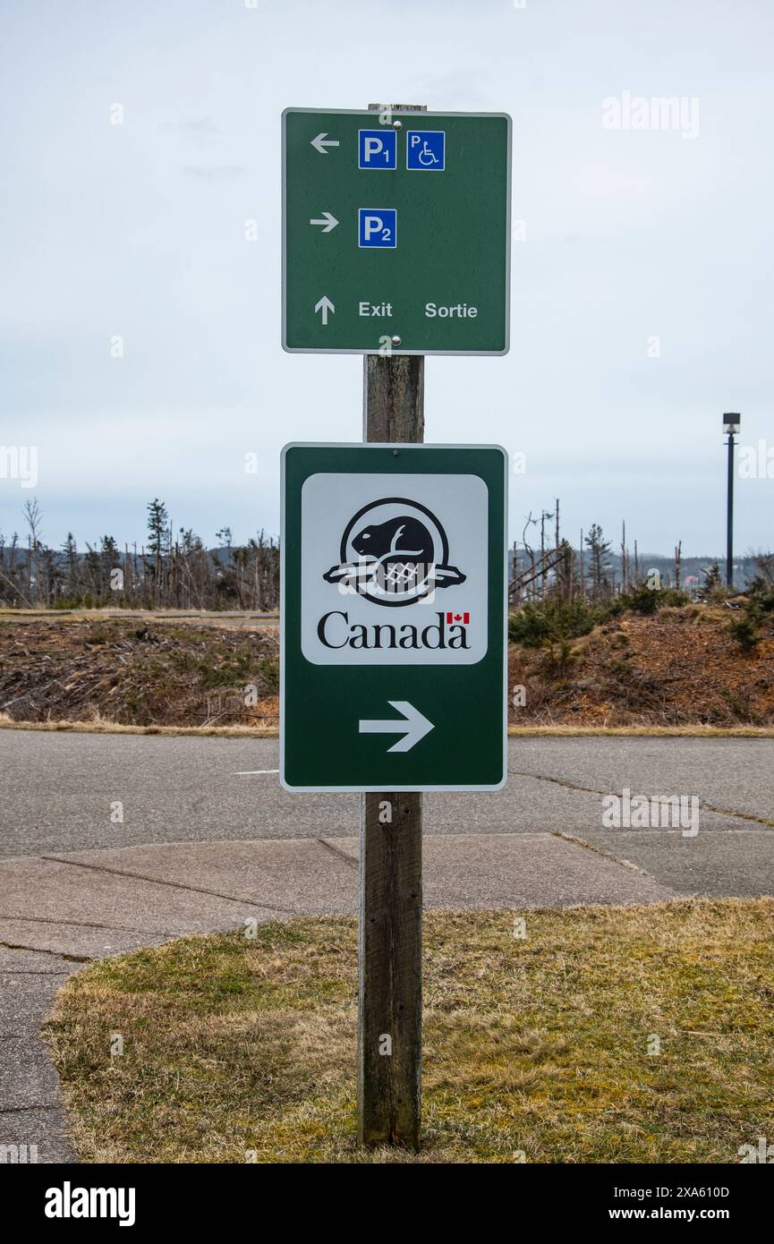 Parks Canada information signs at the visitor centre in Louisbourg ...