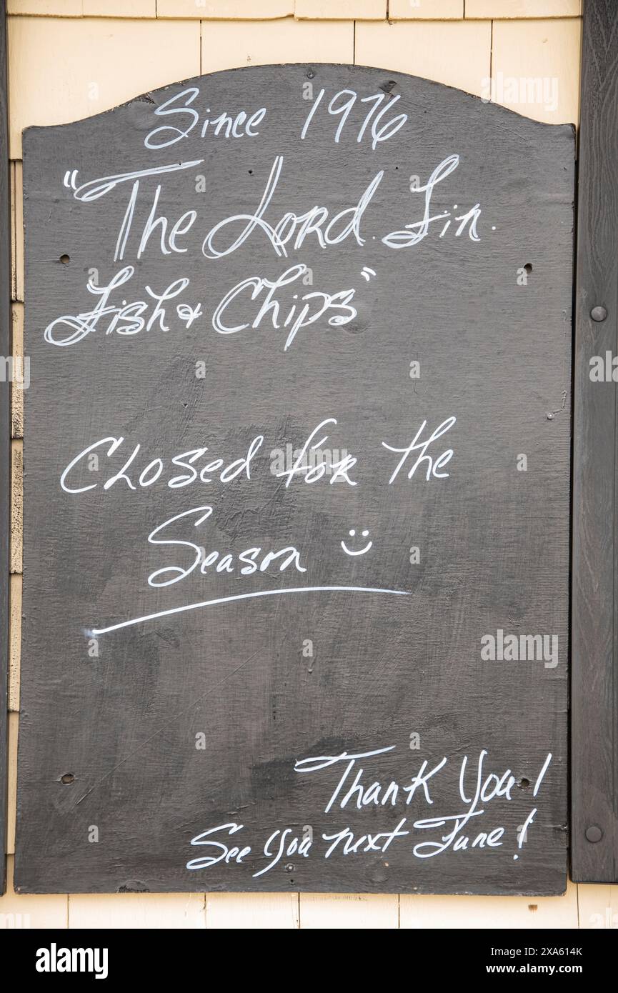 The Lord Fin Fish & Chips sign at the waterfront in Sydney, Nova Scotia ...