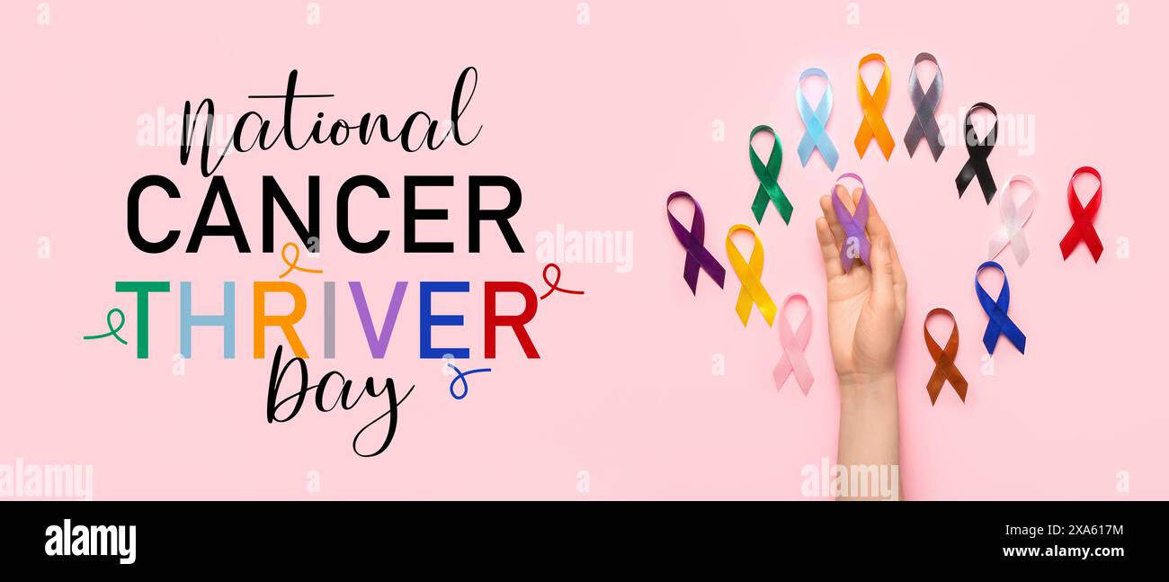Female hand with different awareness ribbons on pink background ...