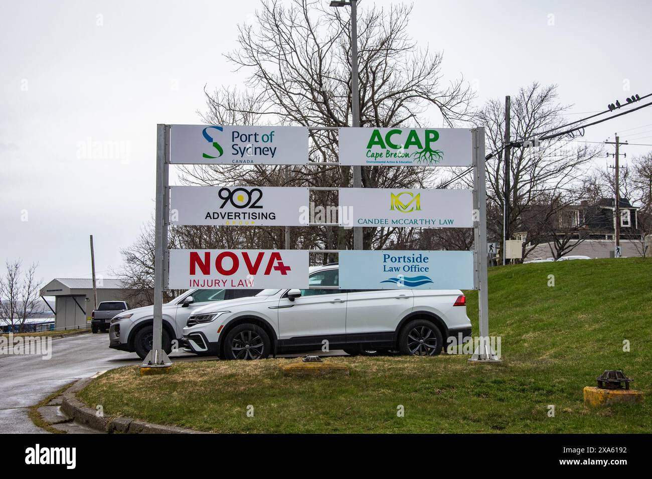 Advertising signs at the port in Sydney, Nova Scotia, Canada Stock ...