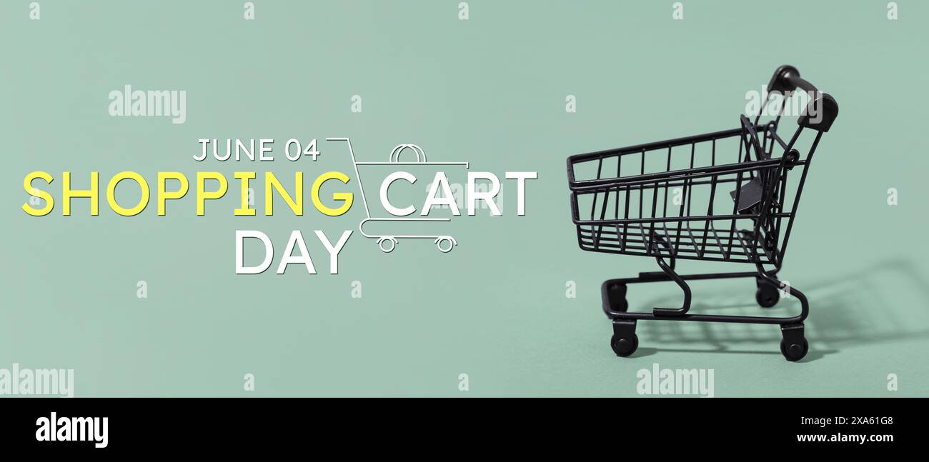 Small shopping cart on green background. Banner for Shopping Cart Day ...