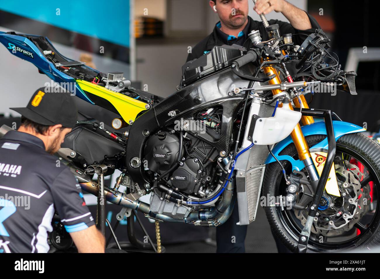 June 01, 2024: A view of a Yamaha motorcycle preparing for a race ...