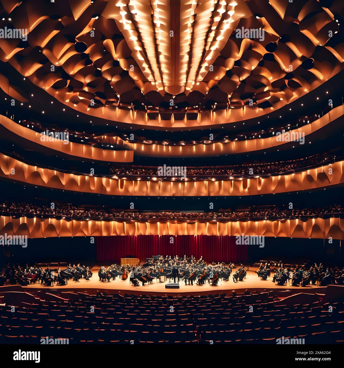 An empty concert hall with rows of seats and bright overhead lights ...