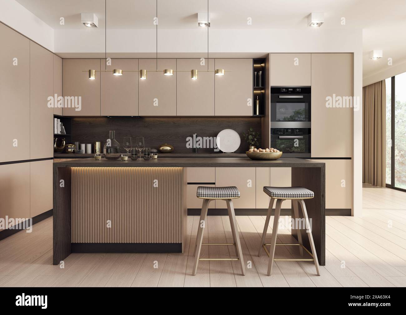 A modern spacious kitchen with a free-standing kitchen island. Beige ...
