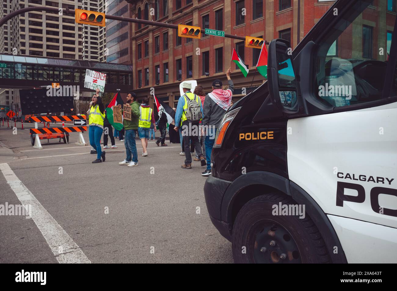 A pro-Palestine crowd protesting in the streets holding Palestine flags ...