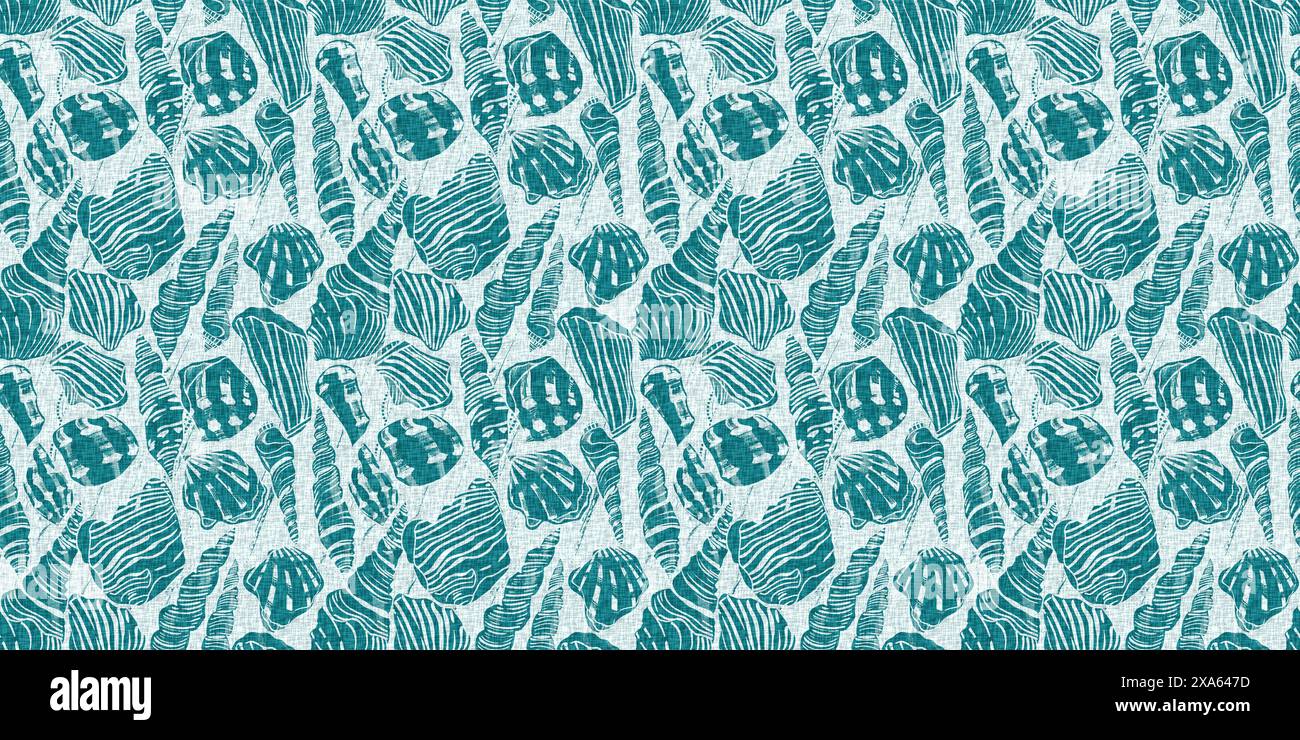 Teal turquoise blue white shell motif with linen seamless batik border ...