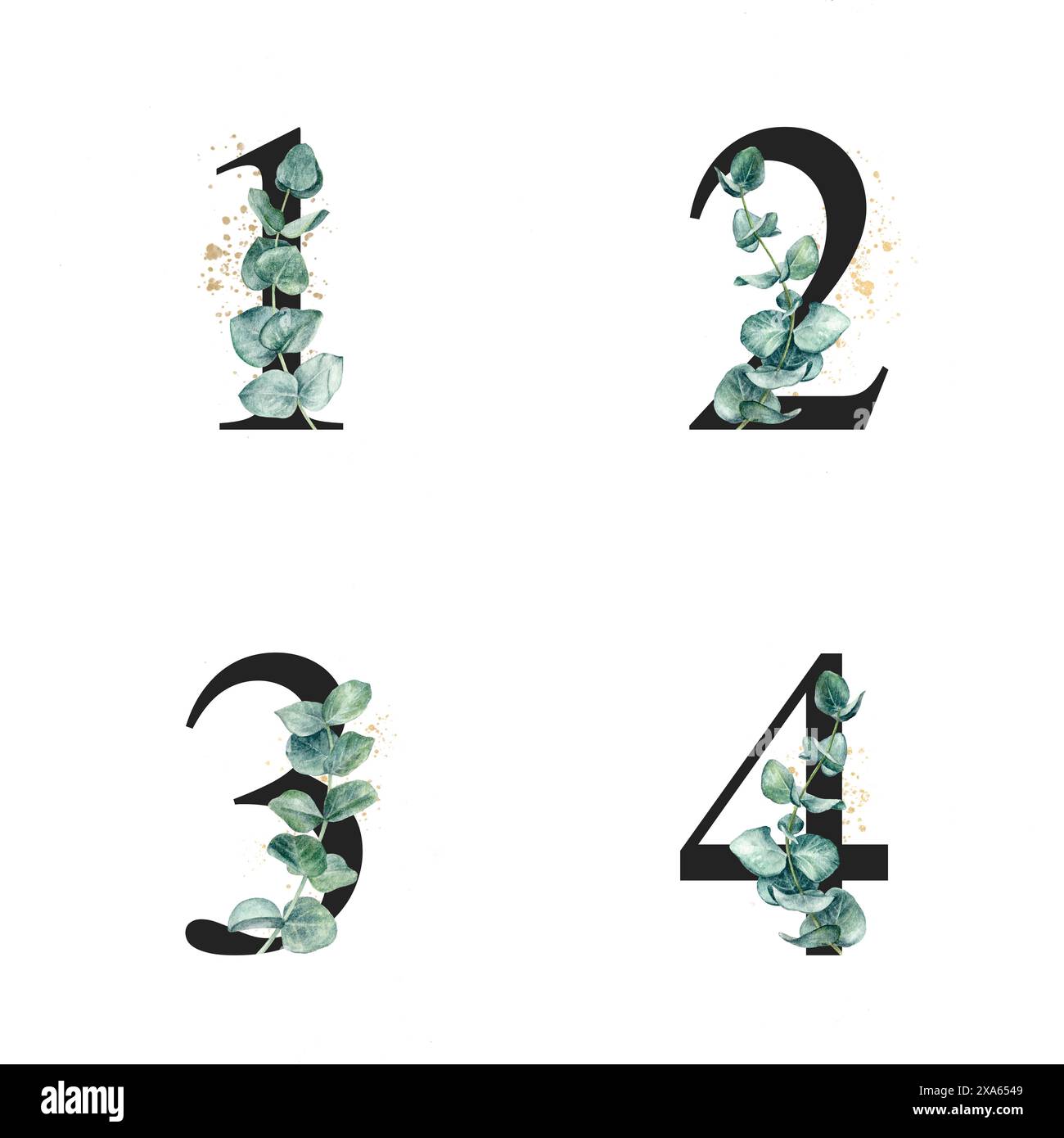 Elegant Numbers 1 to 4 with Eucalyptus Leaves and Gold Accents in ...