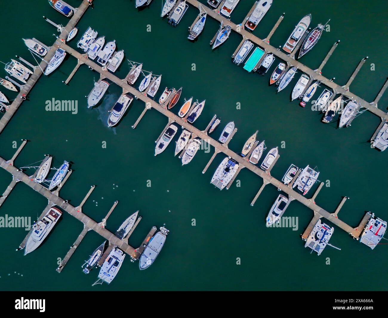 An aerial view of a charming marina with lined up boats and yachts ...