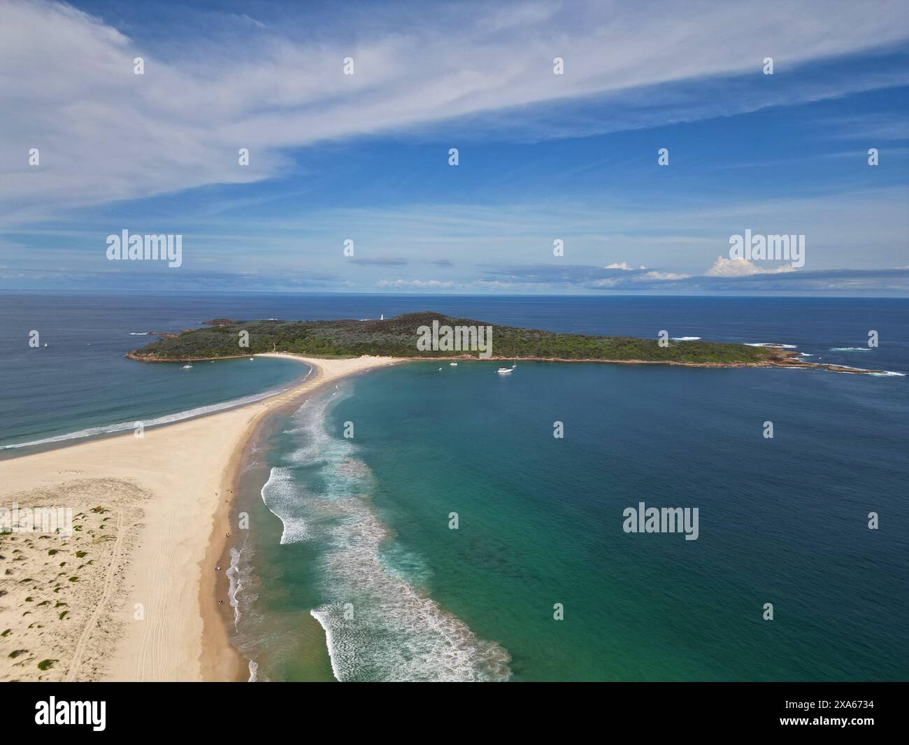 An aerial view of Fingal Island, Fingal Bay, Port Stephens, NSW ...