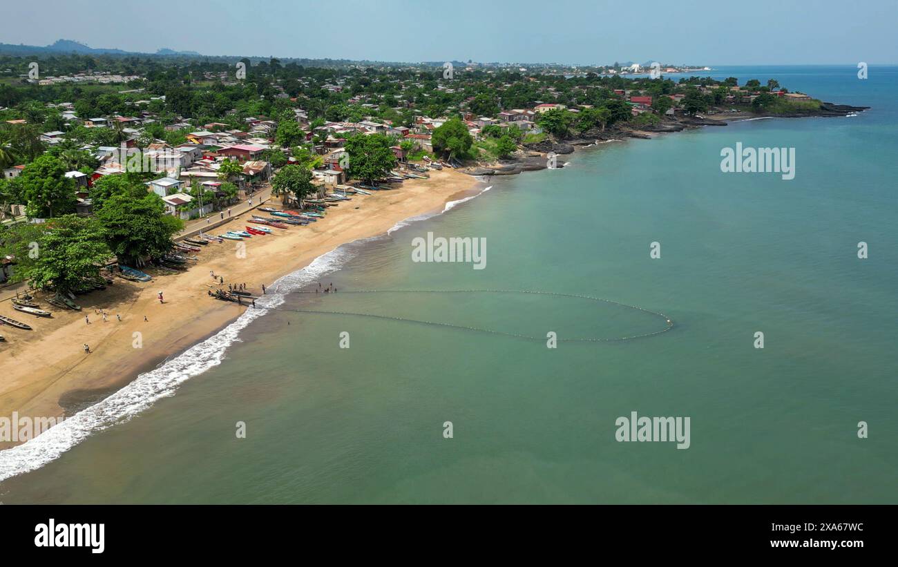 Tropical beach with waterfront buildings, lush trees, and calm ocean ...