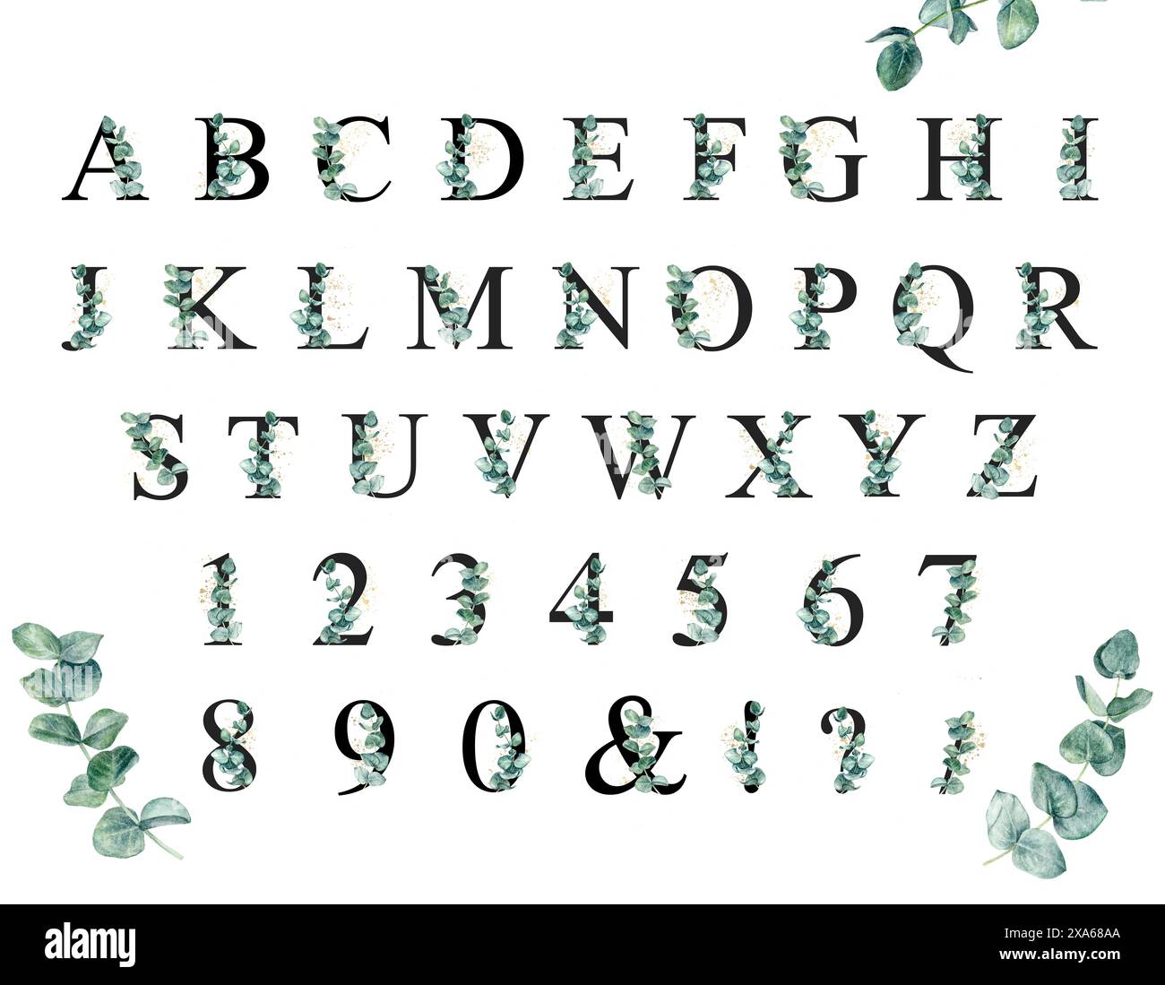 Floral alphabet with watercolor eucalyptus sprigs and gold splash Stock ...