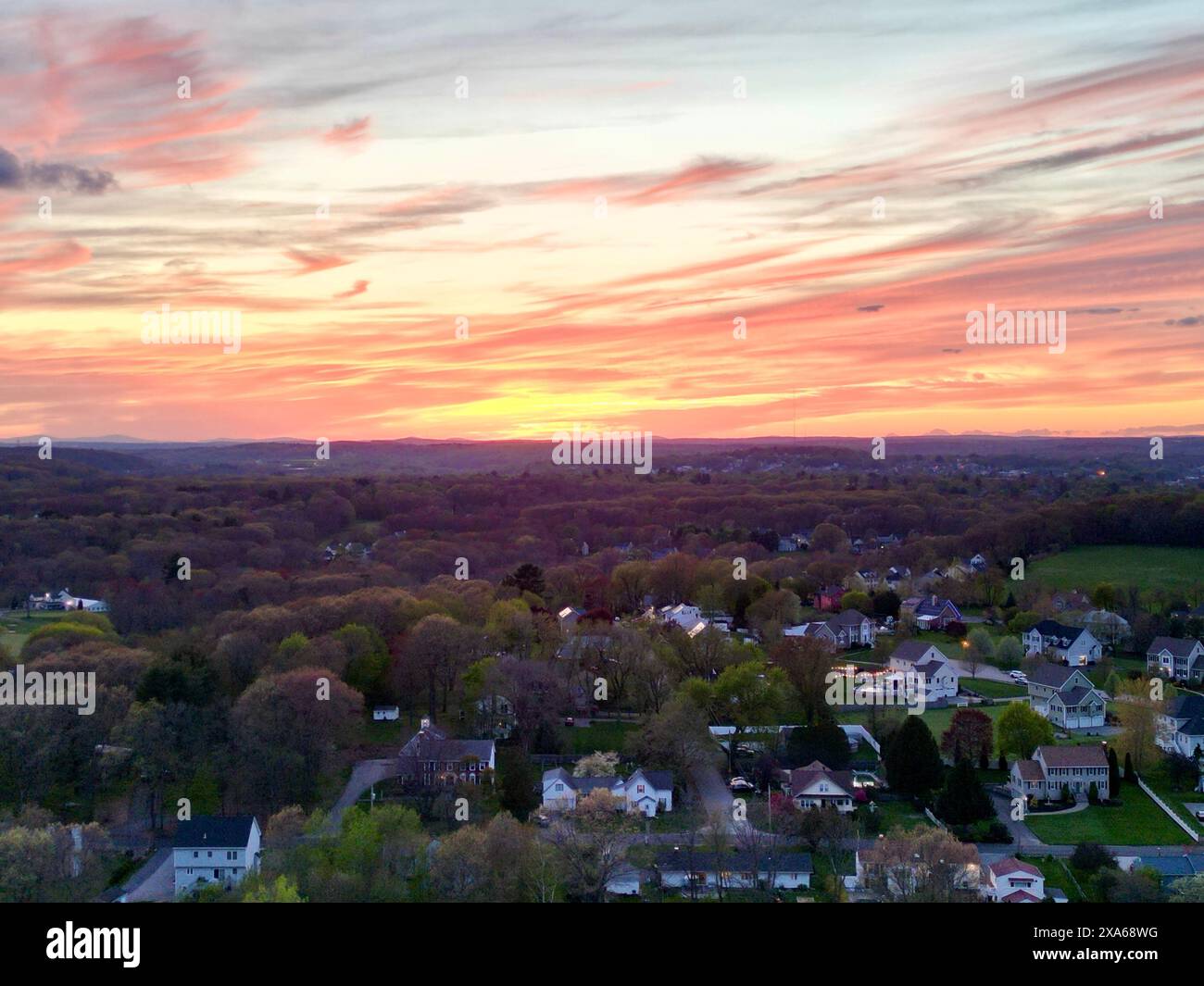 An aerial view of a breathtaking sunset over Bradford side of Haverhill ...