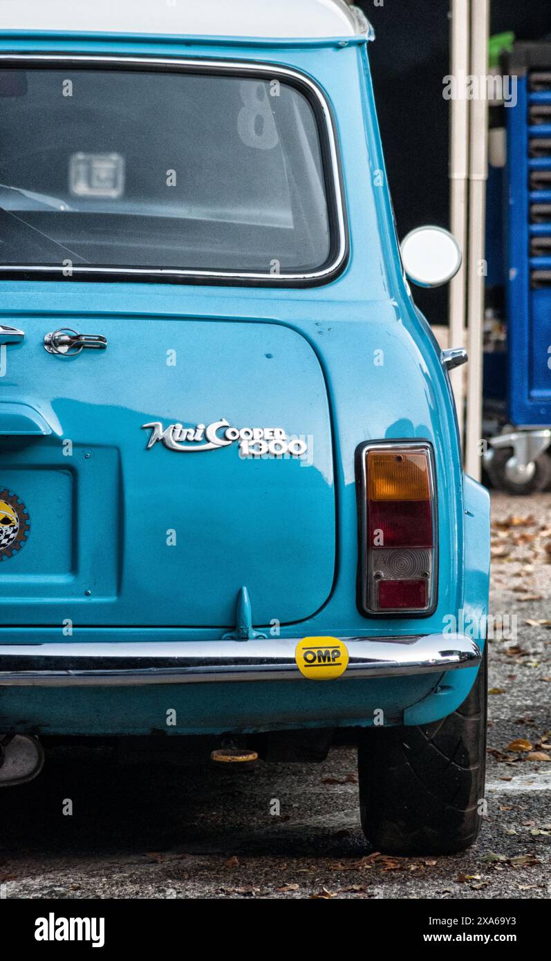 A vintage blue Mini Cooper 1300 car parked outdoors Stock Photo - Alamy