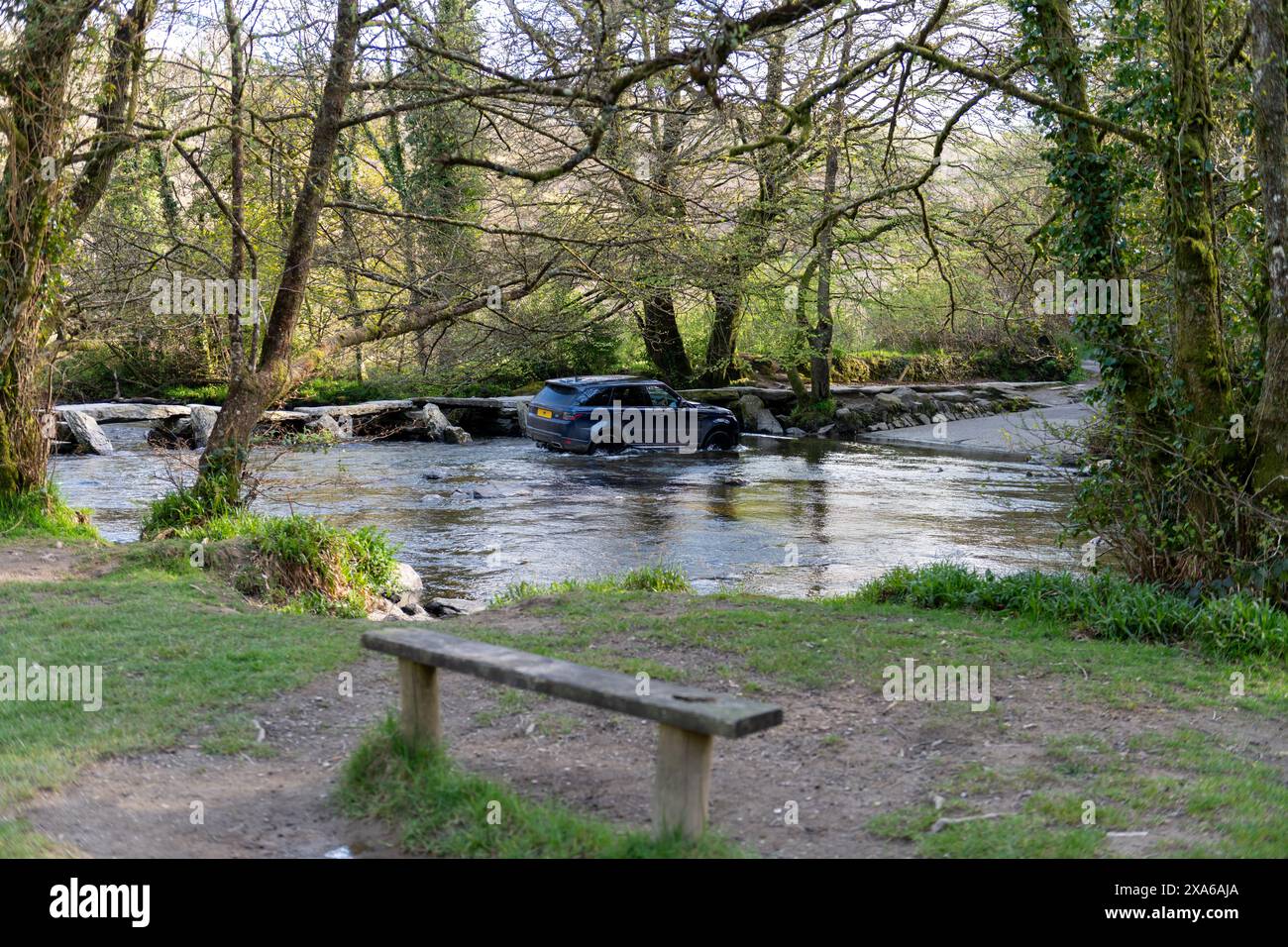 Photograph of 4x4 crossing the river Barle at the clapper bridge at ...